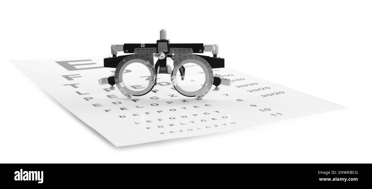 Eye chart test and trial frame on white background. Ophthalmologist ...