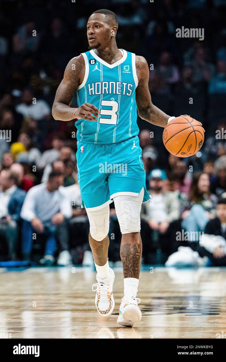 Charlotte Hornets guard Terry Rozier (3) brings the ball up court against the Detroit Pistons ...