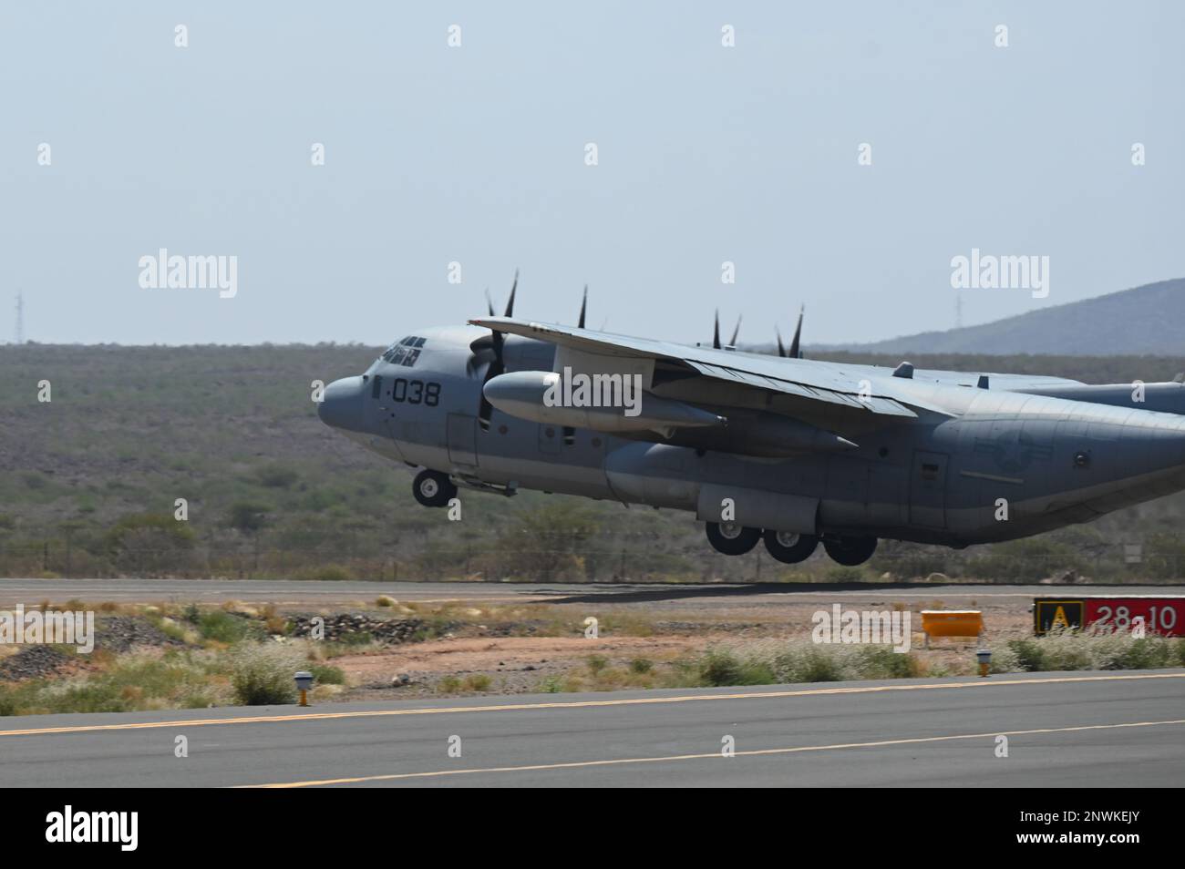 A U.S. Marine Corps KC-130J takes off in support of a simulated Forward ...