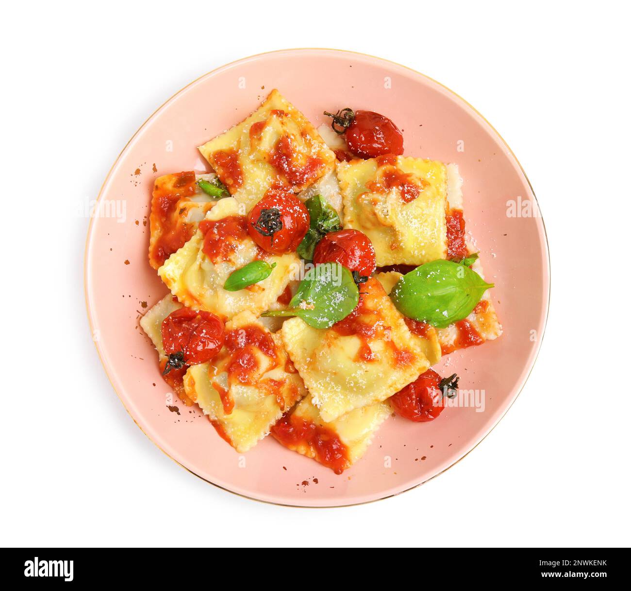 Tasty ravioli with tomato sauce isolated on white, top view Stock Photo ...