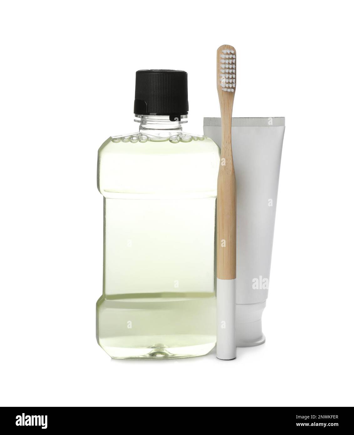Mouthwash, toothbrush and paste on white background Stock Photo - Alamy