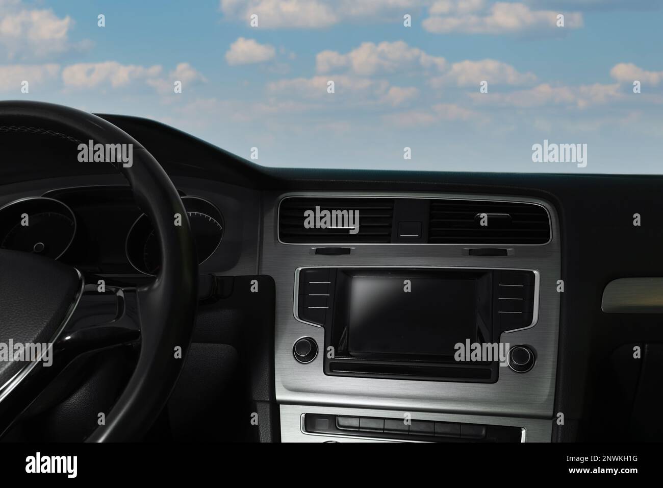 View of dashboard with navigation system in modern car Stock Photo - Alamy