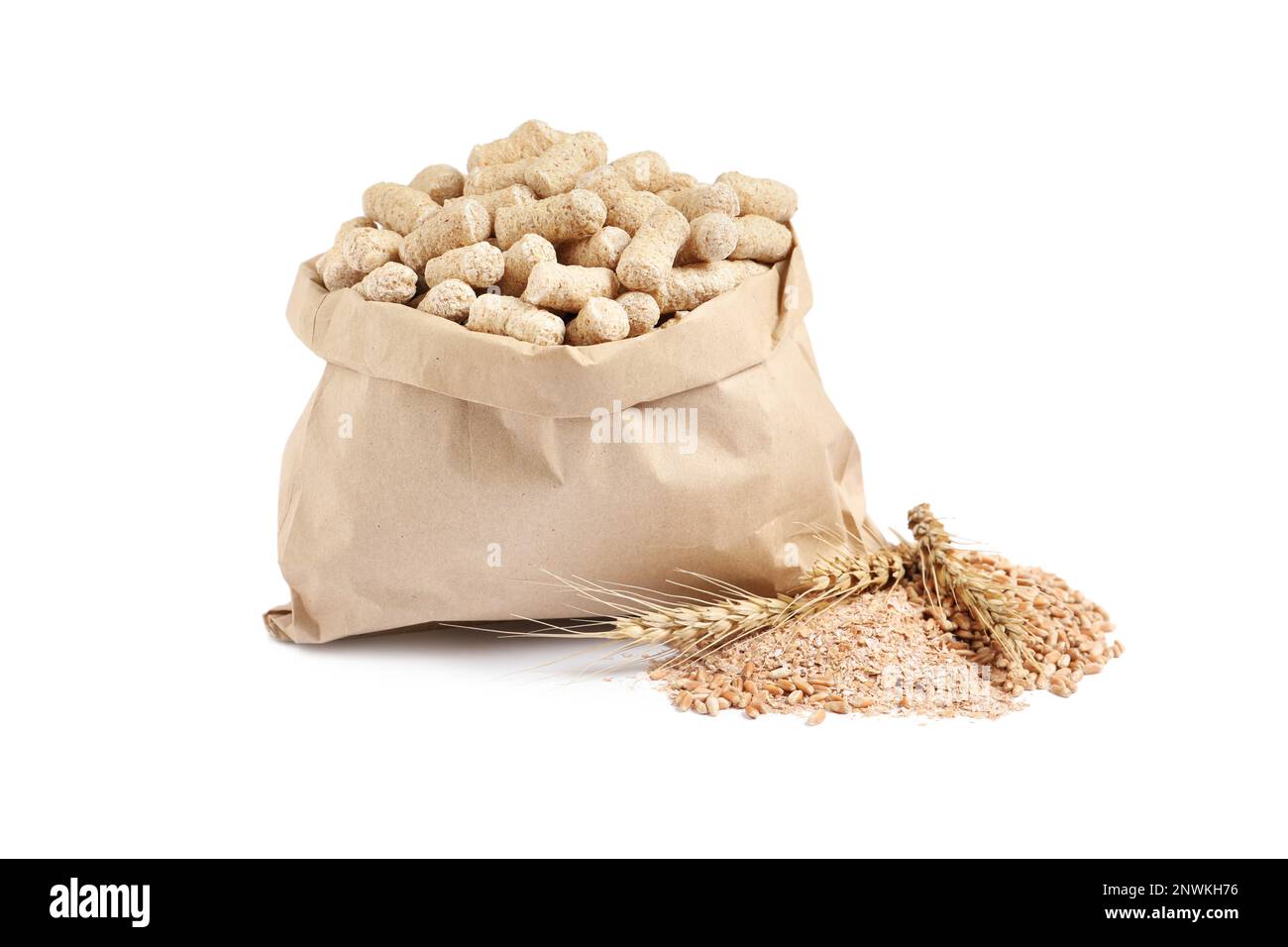 Granulated wheat bran in bag and spikelets on white background Stock ...