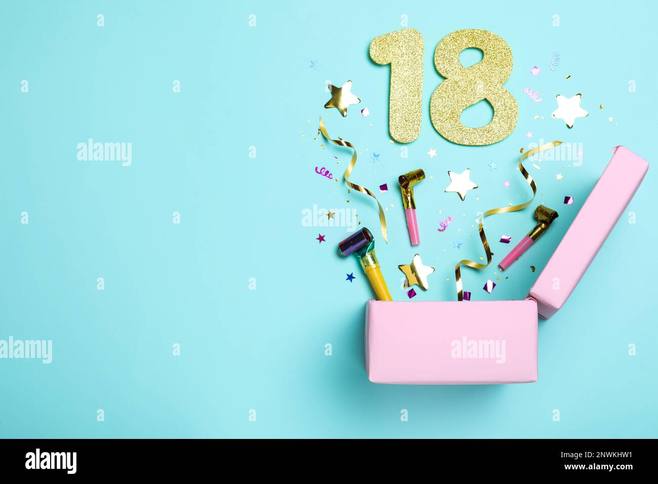 Flat lay composition with decor and numbers on light blue background ...