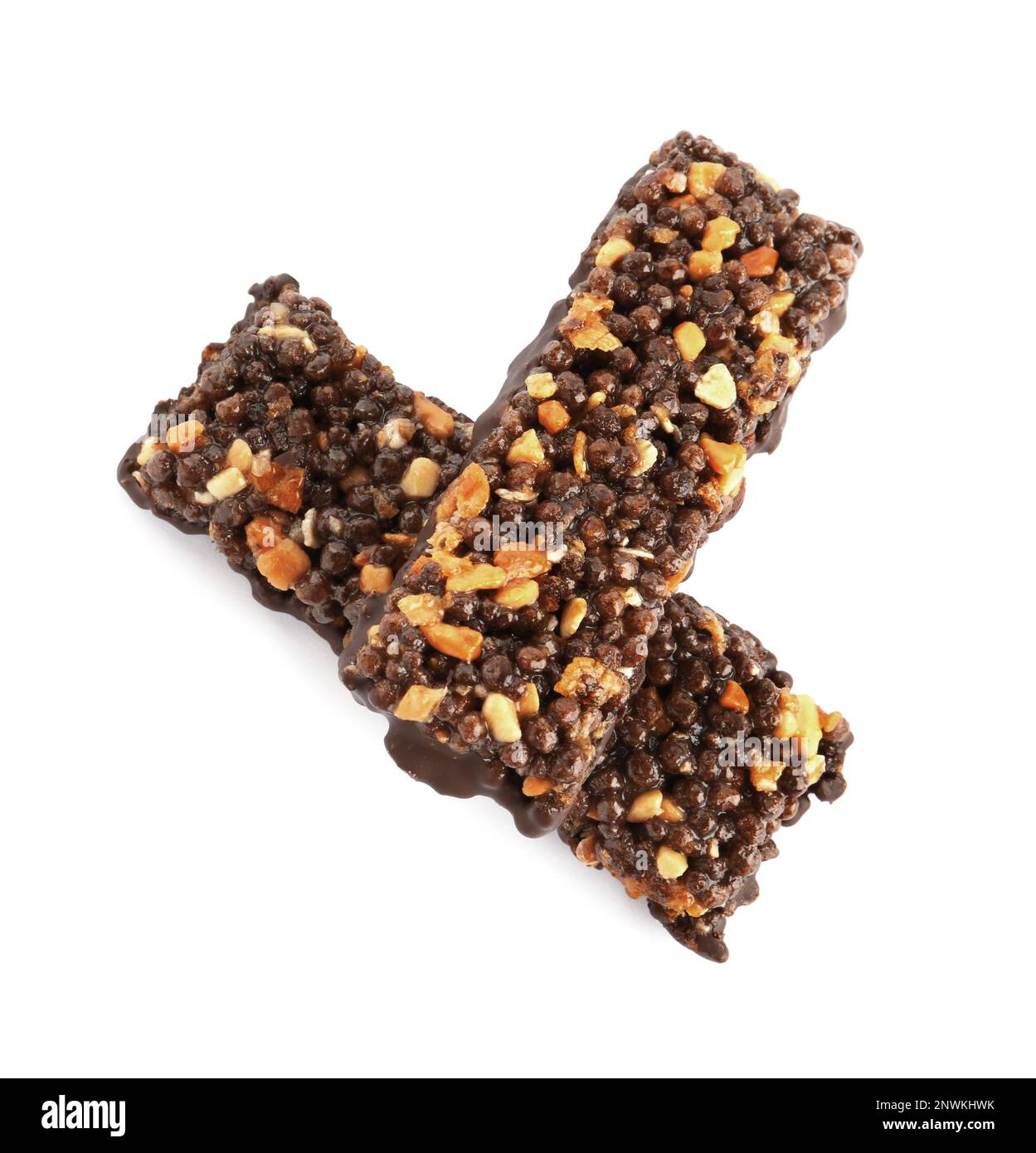 Protein bars with chocolate on white background, top view. Healthy ...