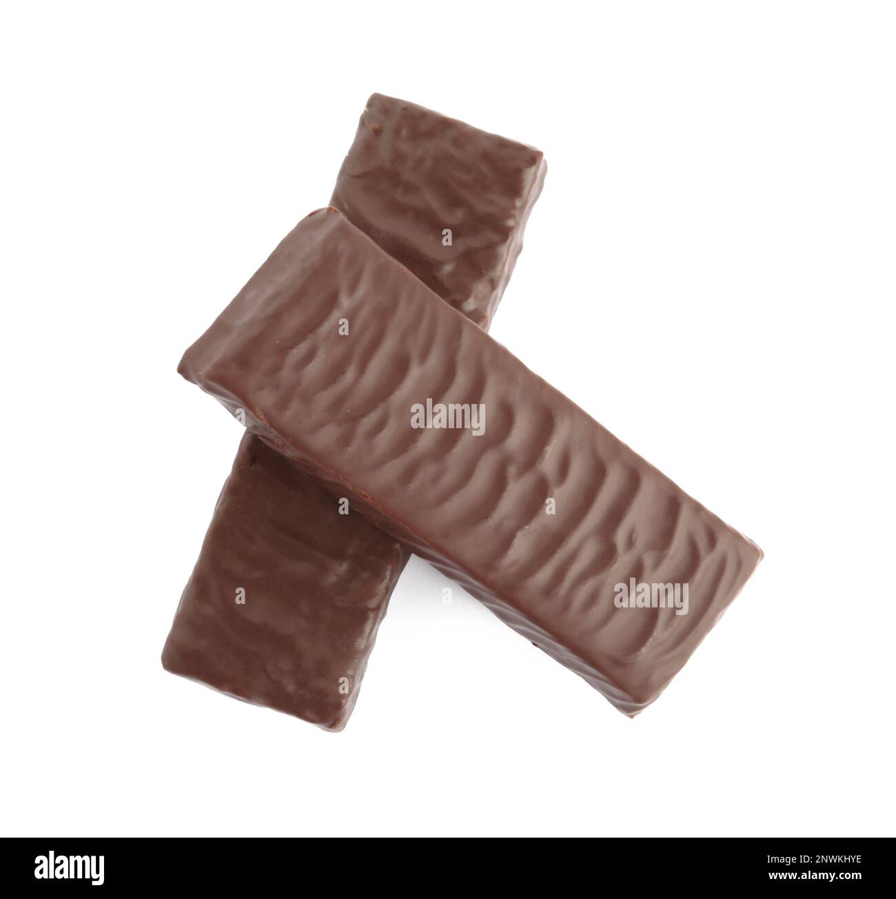 Tasty chocolate glazed protein bars on white background, top view ...
