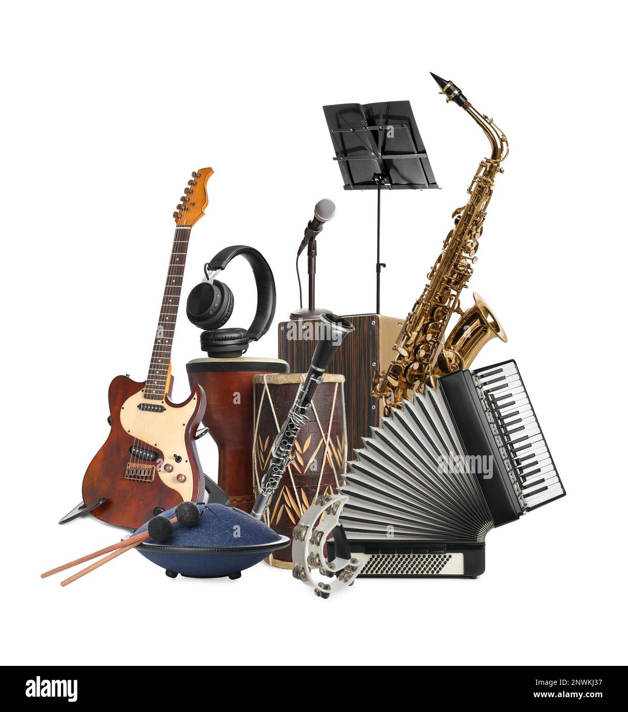 Group of different musical instruments on white background Stock Photo ...