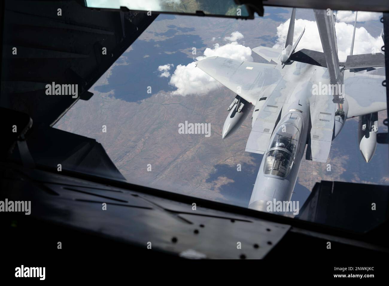 A U.S. Air Force F-15C assigned to Kadena Air Base, Japan, receives ...