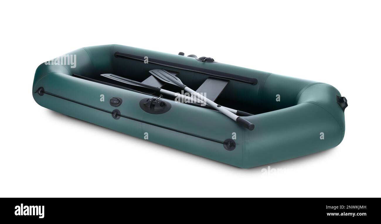 Inflatable rubber fishing boat with aluminium oars and seats isolated ...