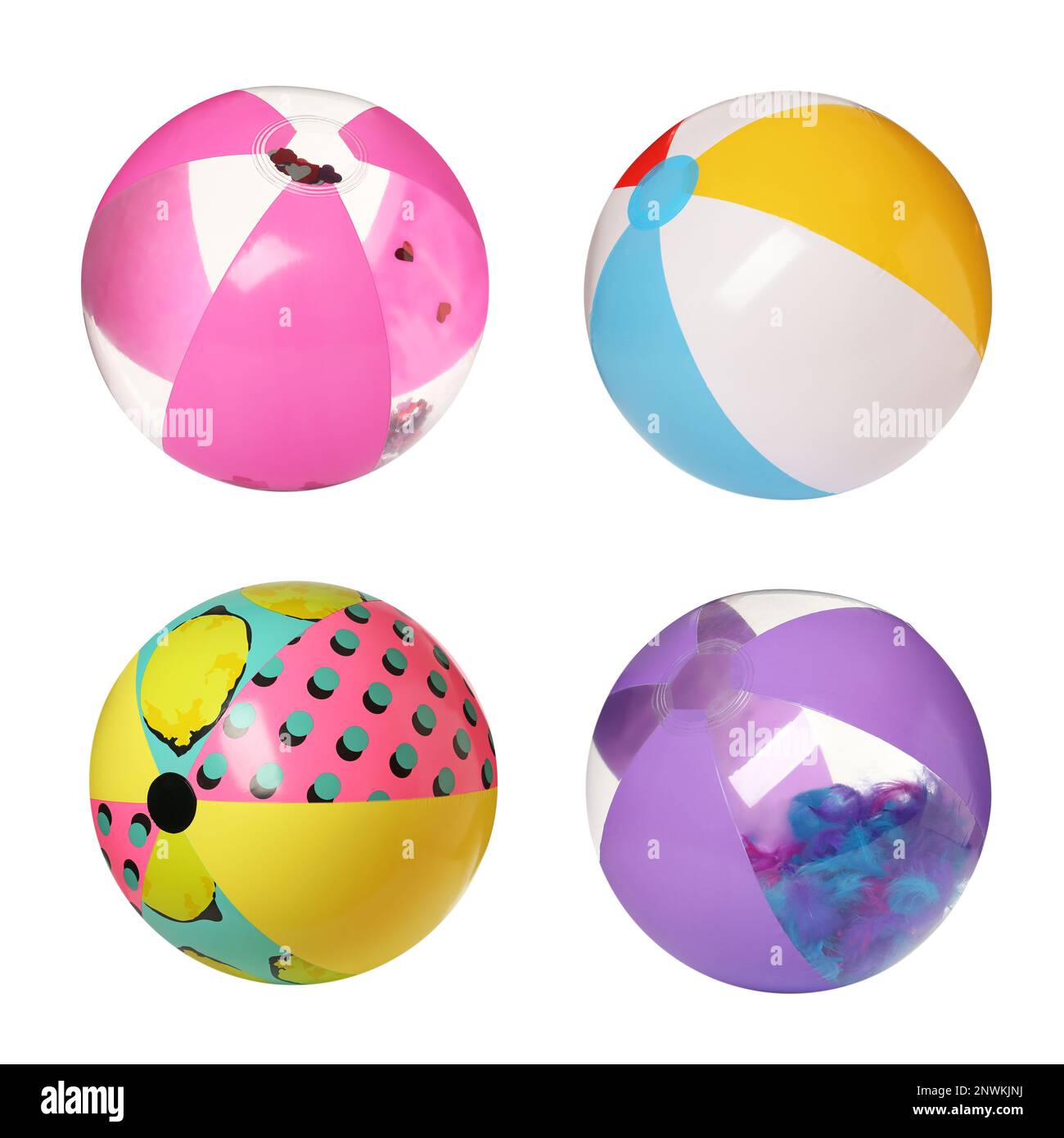 Set with different inflatable beach balls on white background Stock ...