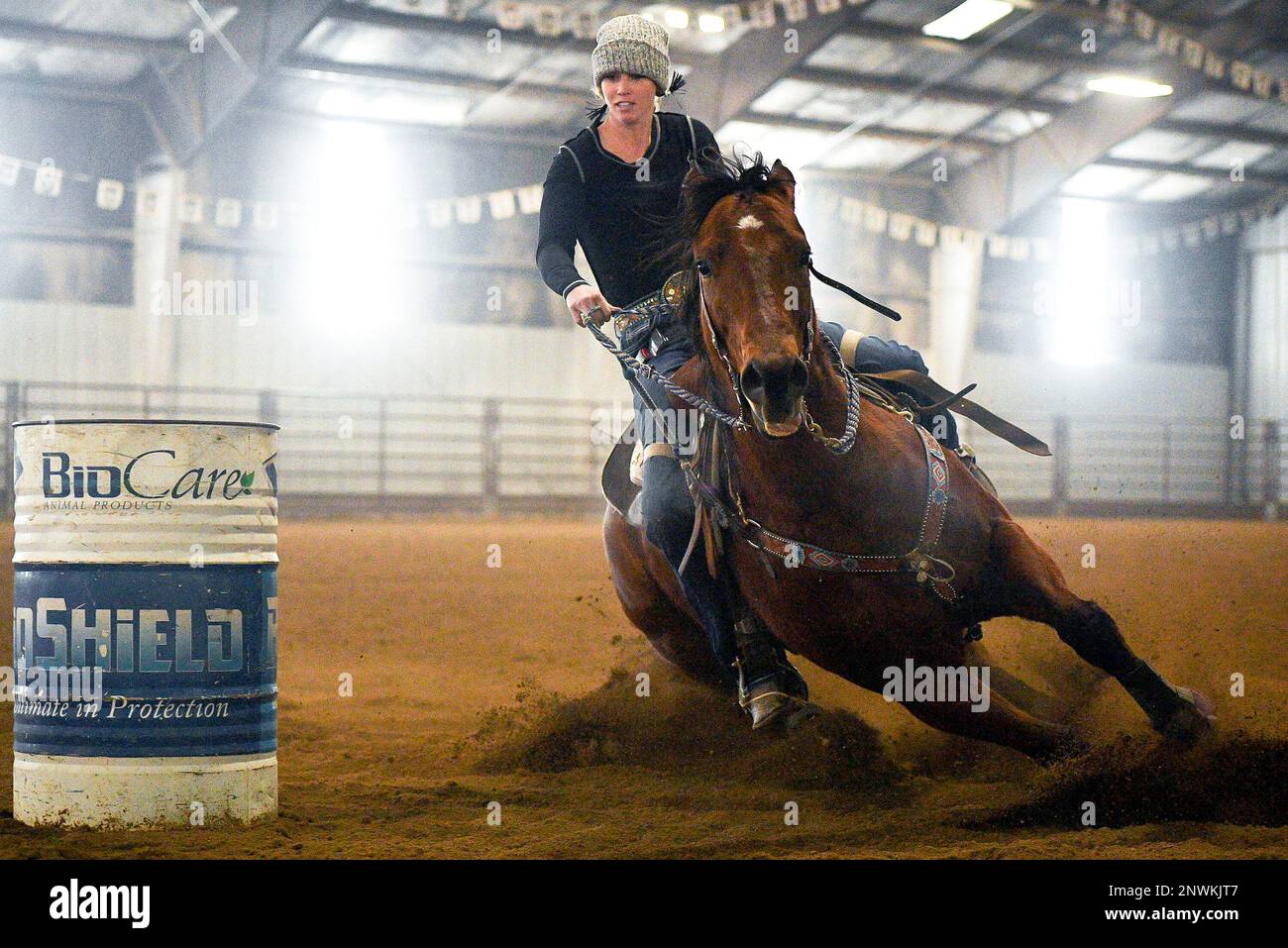 File - In this Jan. 7, 2017 file photo, Amberley Snyder rounds a barrel ...
