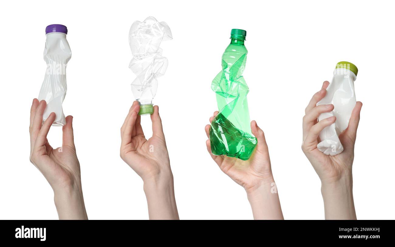 Collage with photos of women holding plastic bottles on white ...