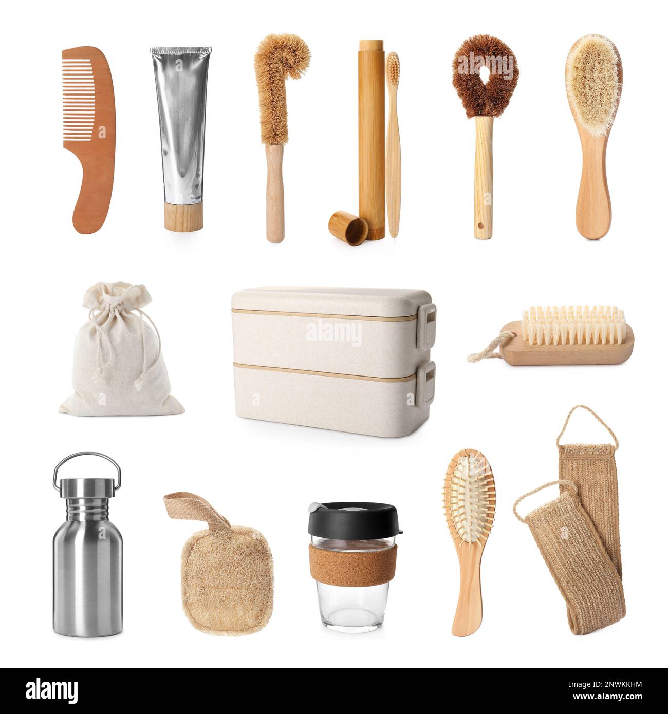 Set with different eco friendly stuff on white background. Conscious ...