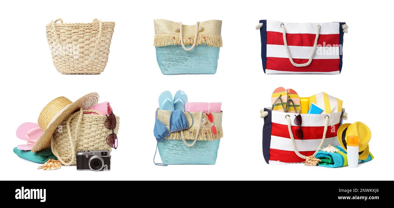 Set with different stylish bags and beach accessories on white ...
