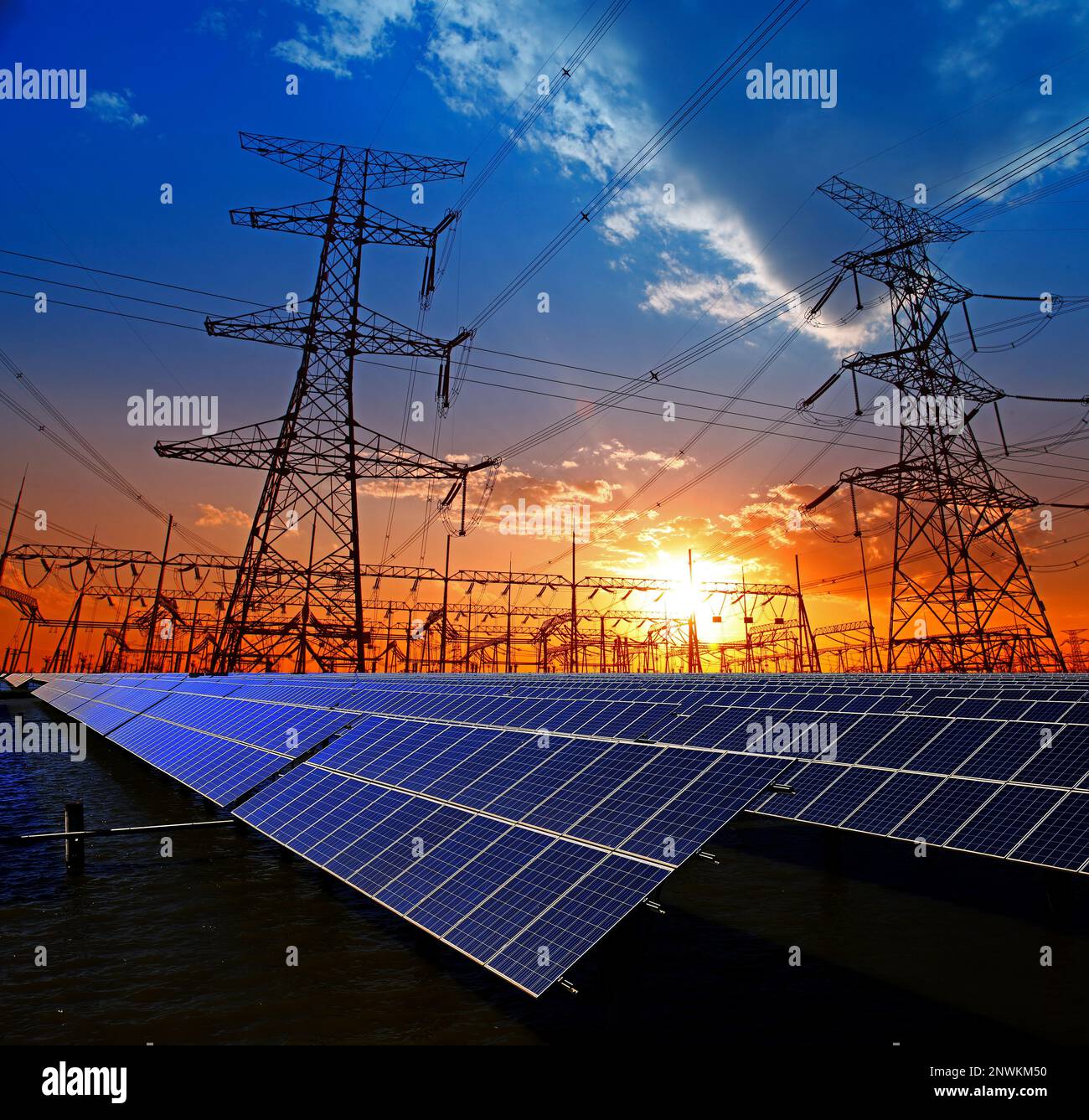 Solar panels and pylon Stock Photo - Alamy