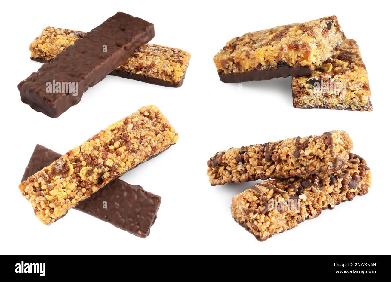 Set with different delicious protein bars on white background Stock ...