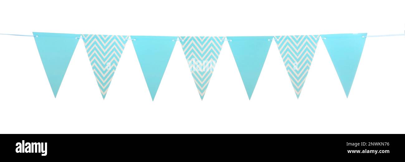 Triangular bunting flags on white background. Festive decor Stock Photo ...