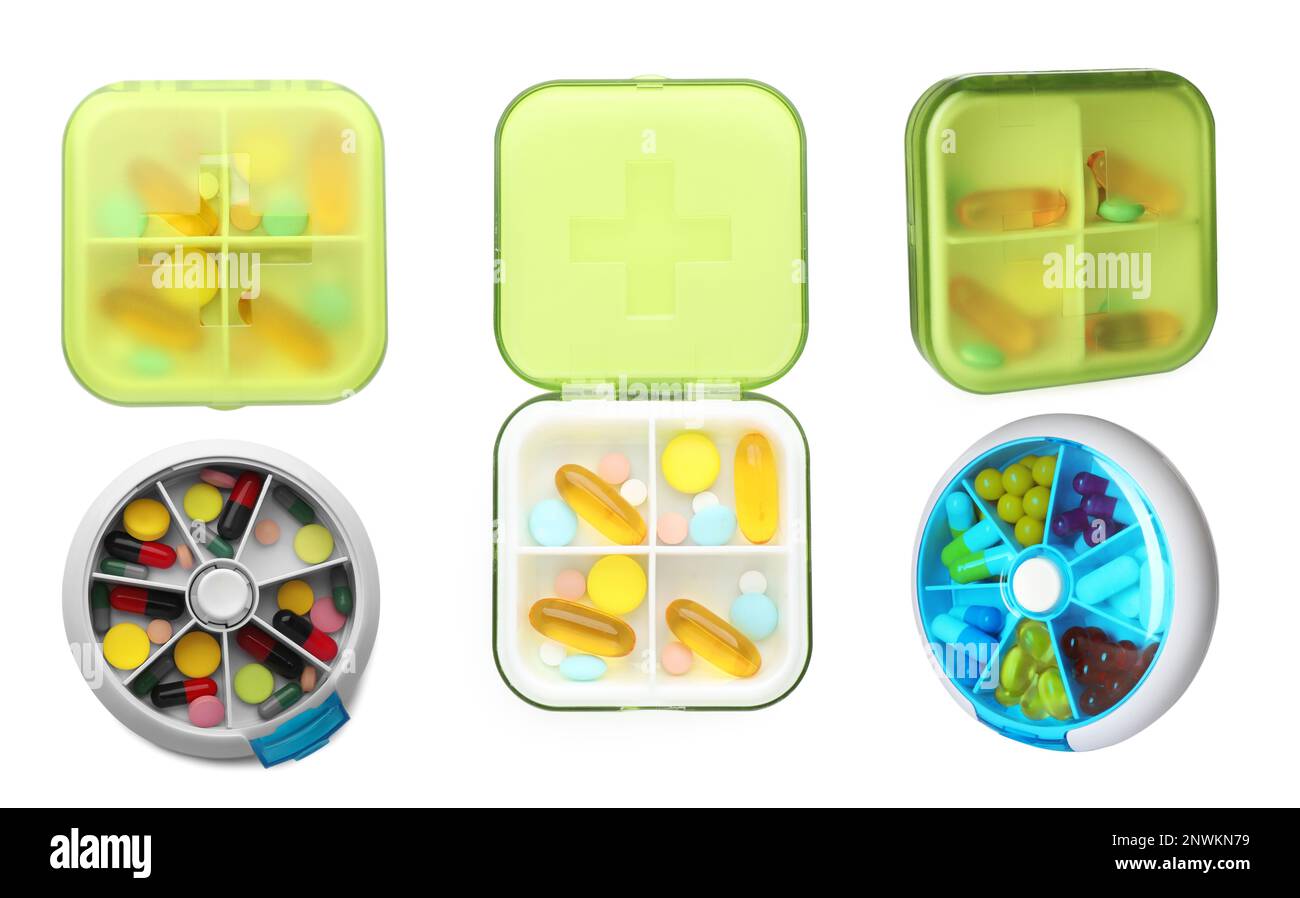 Set with plastic boxes for pills on white background Stock Photo - Alamy