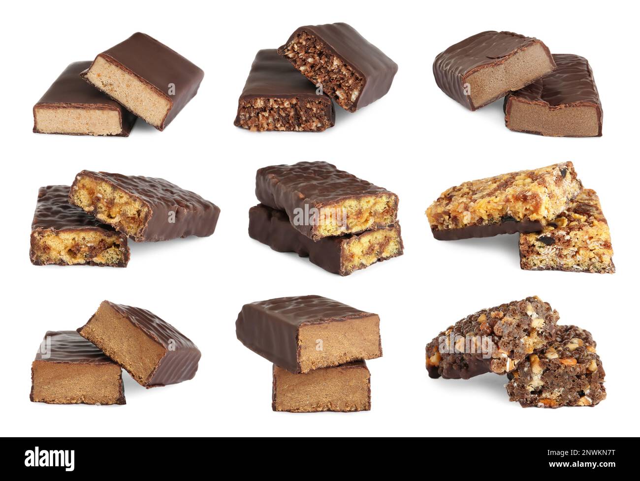 Set with different delicious protein bars on white background Stock ...