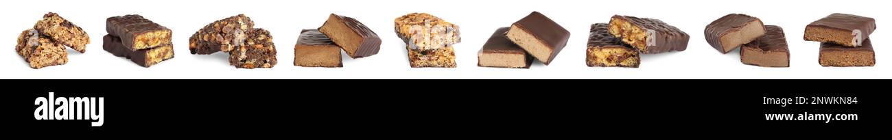 Set with different delicious protein bars on white background. Banner ...