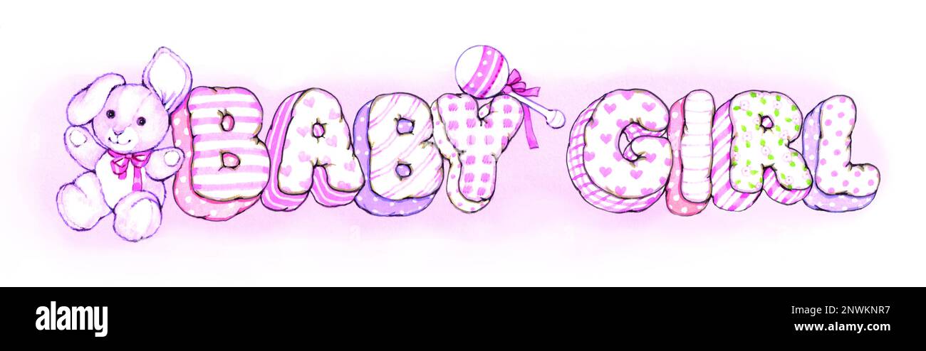 Baby- girl lettering with bunny on white Stock Photo - Alamy