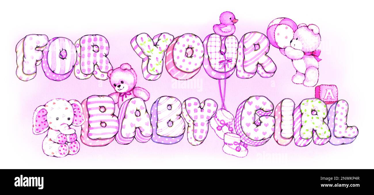 Baby-pink baby girl lettering & toys on white Stock Photo - Alamy