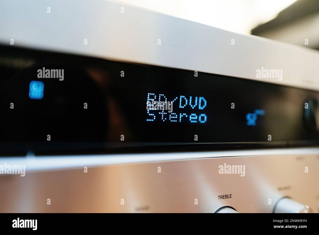 Macro shot with tilt-shift lens over BD DVD Blu-ray Disc stereo text on ...