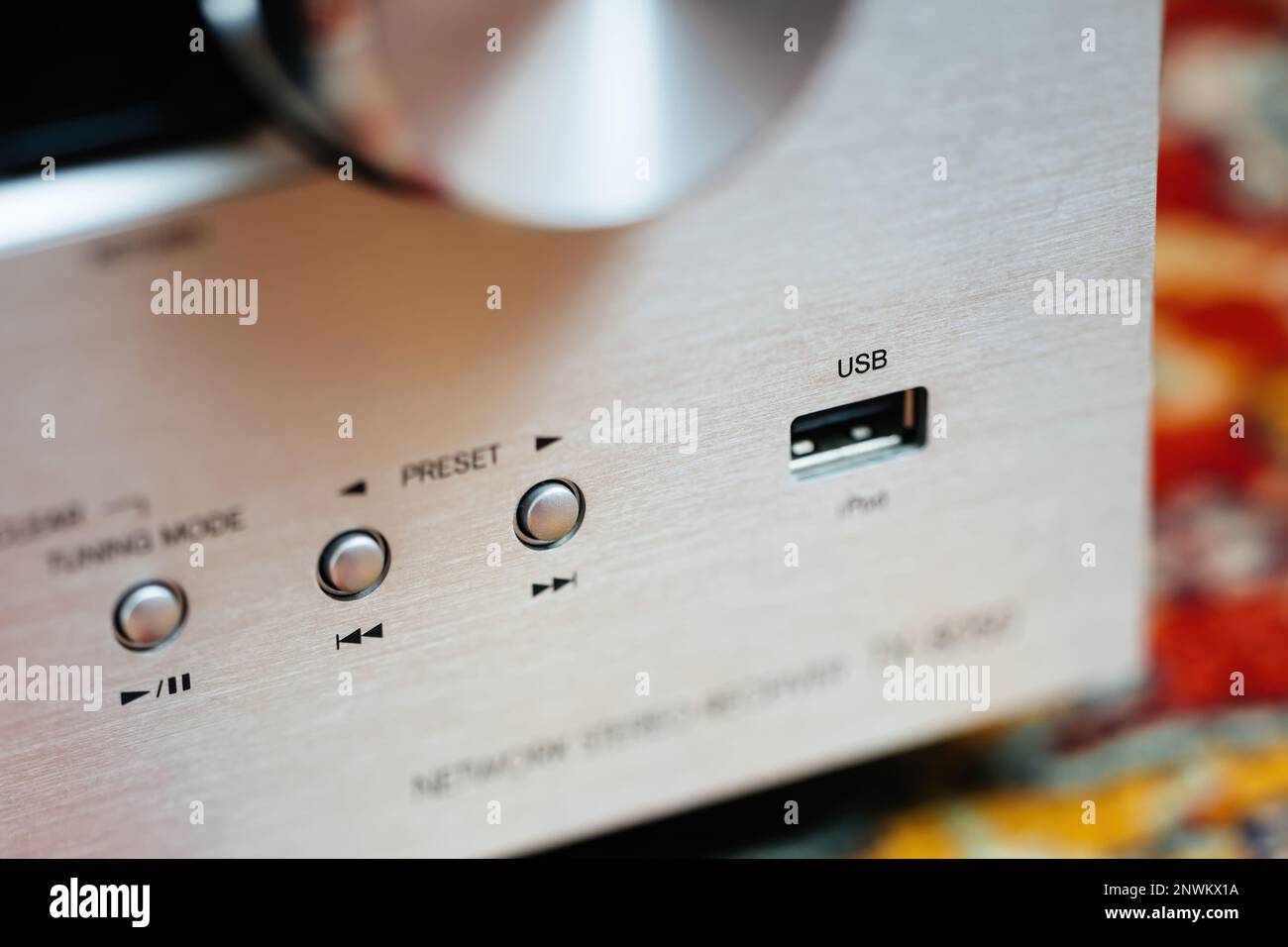 USB port on a high-end stereo audio hi-fi receiver - close-up tilt ...
