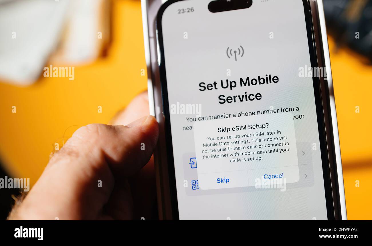 Paris, France - Sep 17, 2022: Set up mobile service skip esim setup ...