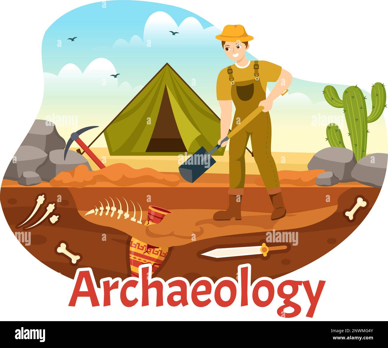 Archeology Illustration with Archaeological Excavation of ancient Ruins ...