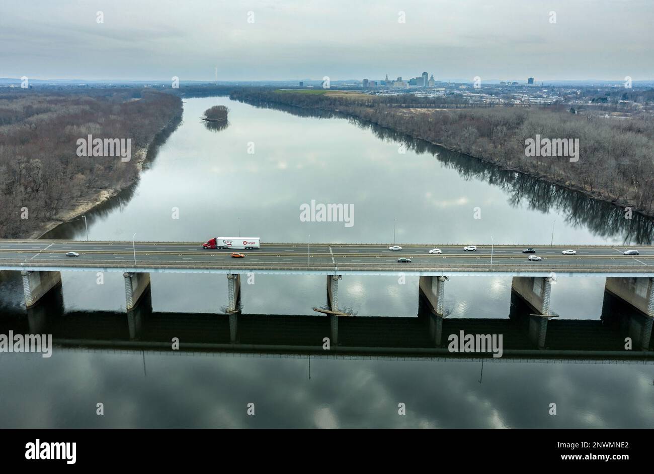 Aerial view of bridge over river. Captain John Bissell Memorial Bridge ...