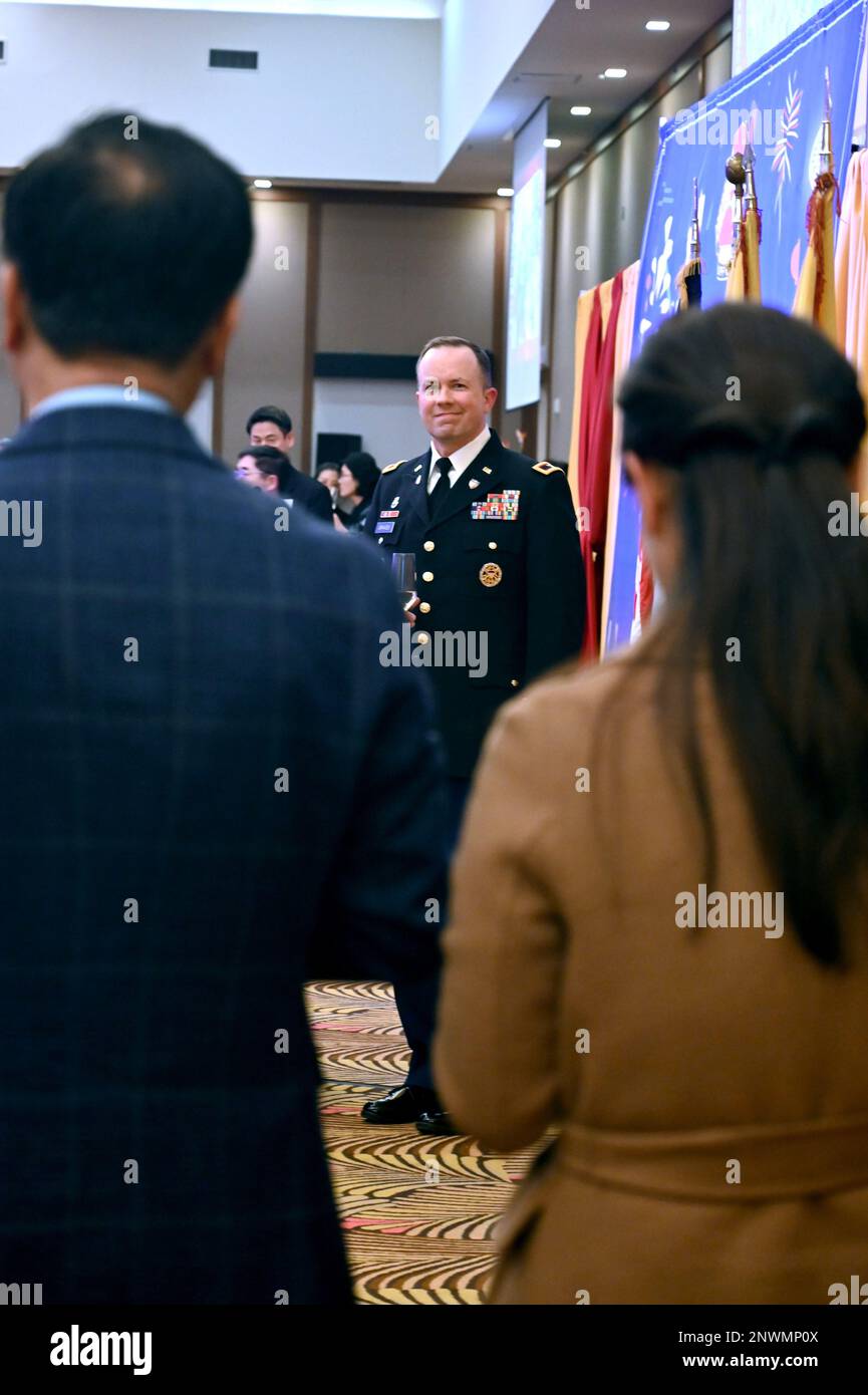 Col. Seth Graves, U.S. Army Garrison Humphreys commander, listens as ...