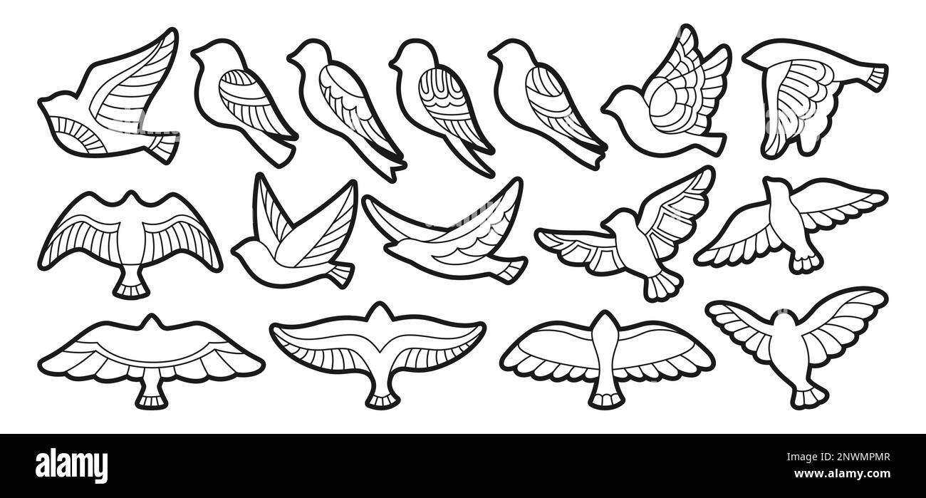 Bird with abstract graphic ornaments doodle set. Hand drawn stylized ...