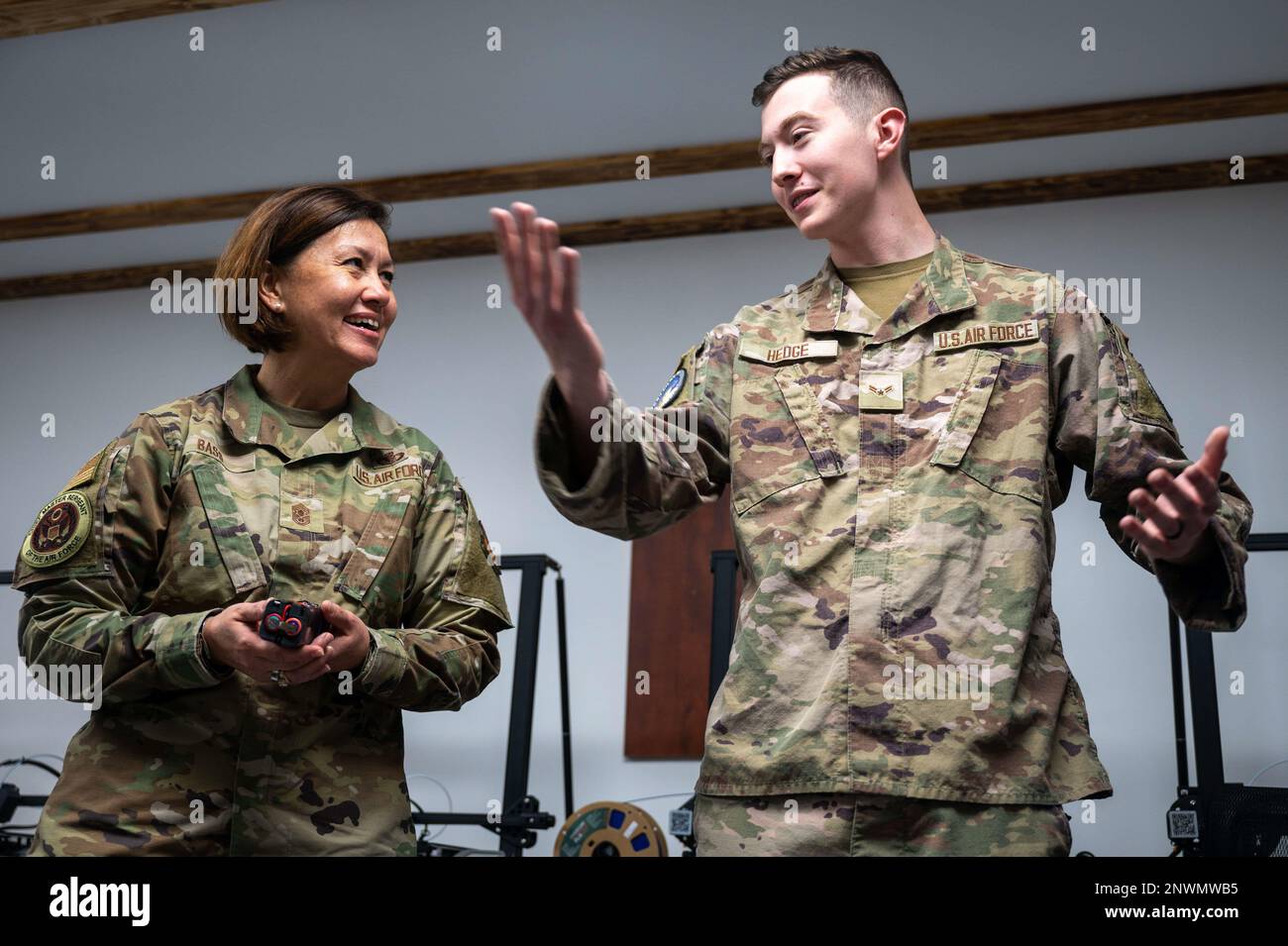 Chief Master Sergeant of the Air Force JoAnne S. Bass, speaks with a ...