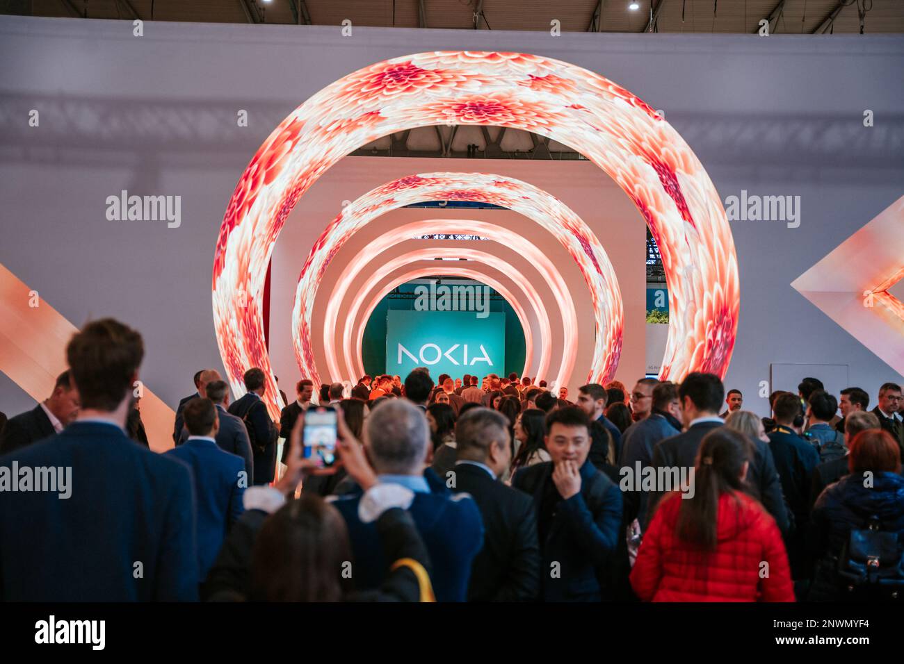 Barcelona , Spain - February 27 2023: Mobile world congress 2023 in Barcelona. Booth or stand of ...