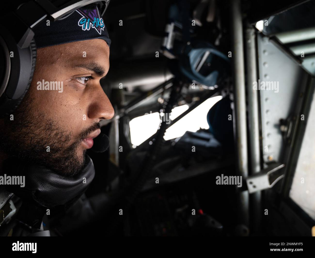 U.S. Air Force Senior Airman Caleb Mills, a boom operator assigned to ...