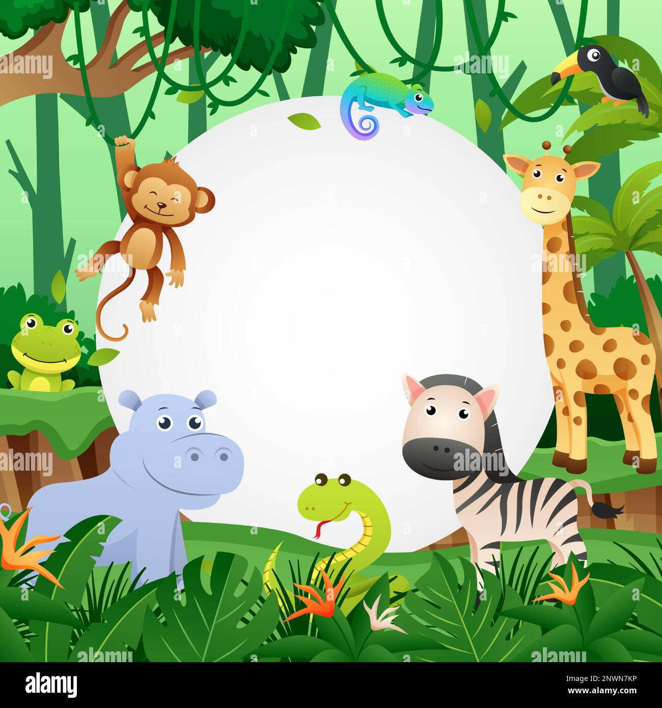 Wildlife animal in jungle with circular copy space . Kids style ...
