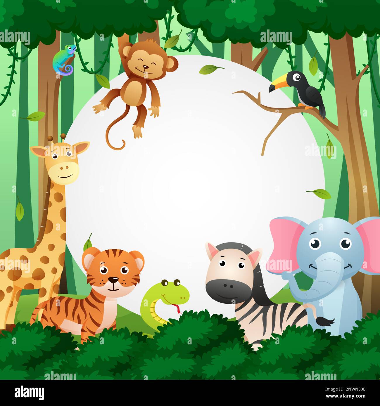 Wildlife animal in jungle with circular copy space . Kids style ...