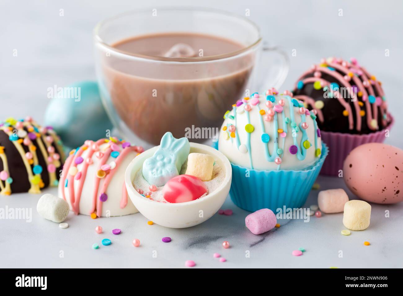 Homemade hot chocolate bombs decorated for Easter, served with hot cocoa Stock Photo - Alamy