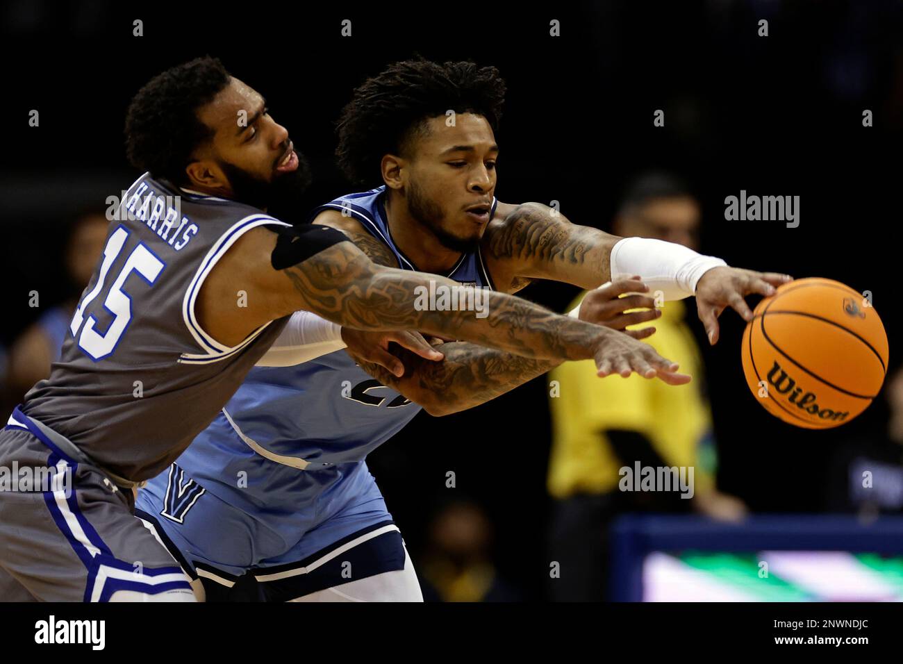 Seton Hall guard Jamir Harris (15) and Villanova forward Cam Whitmore ...