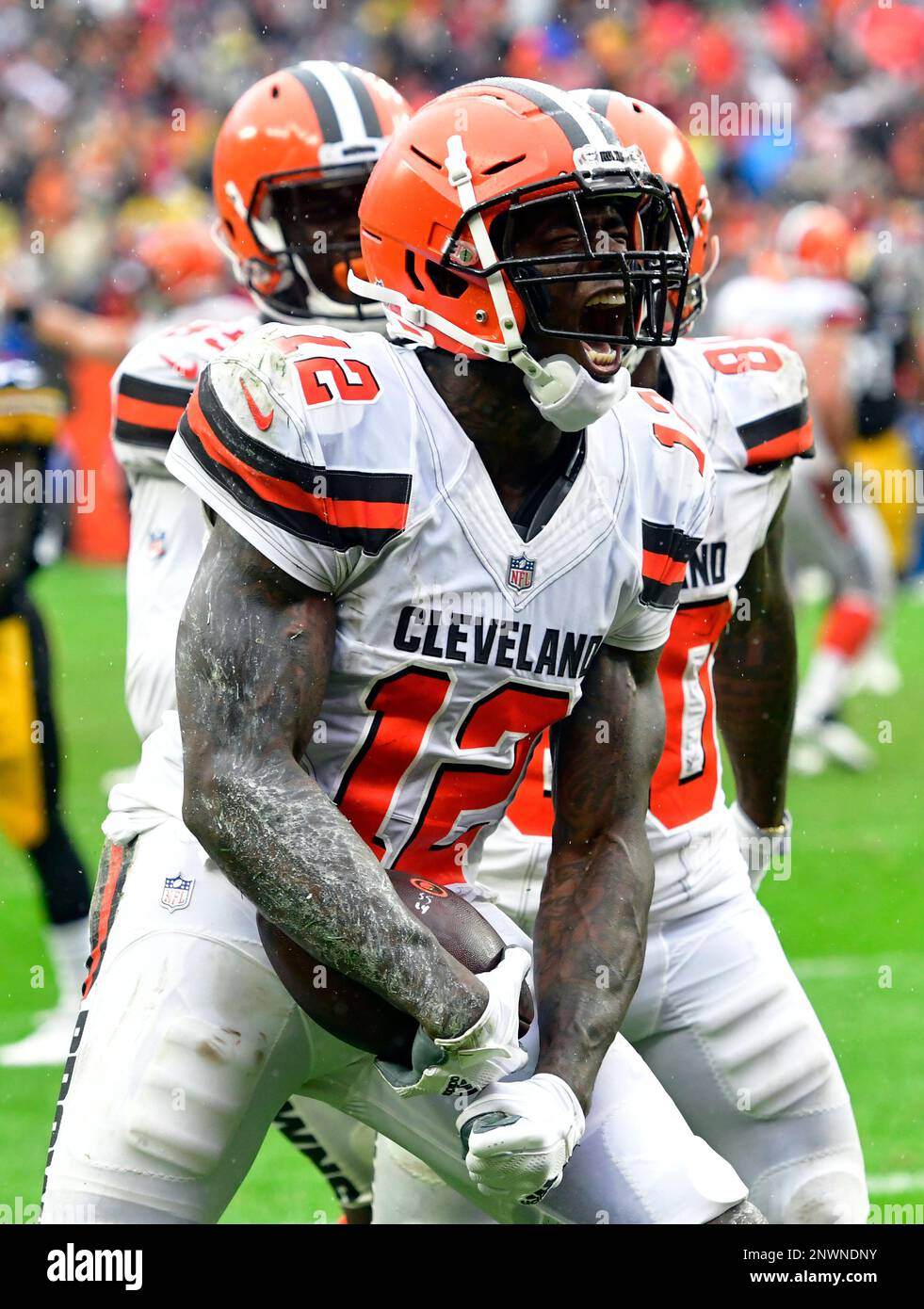 Cleveland Browns wide receiver Josh Gordon (12) reacts after catching a ...