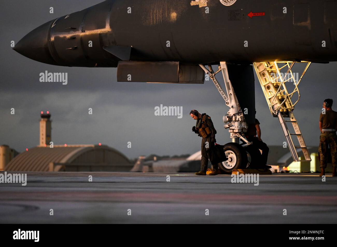 A U.S. Air Force pilot from the 34th Expeditionary Bomb Squadron uses a ...