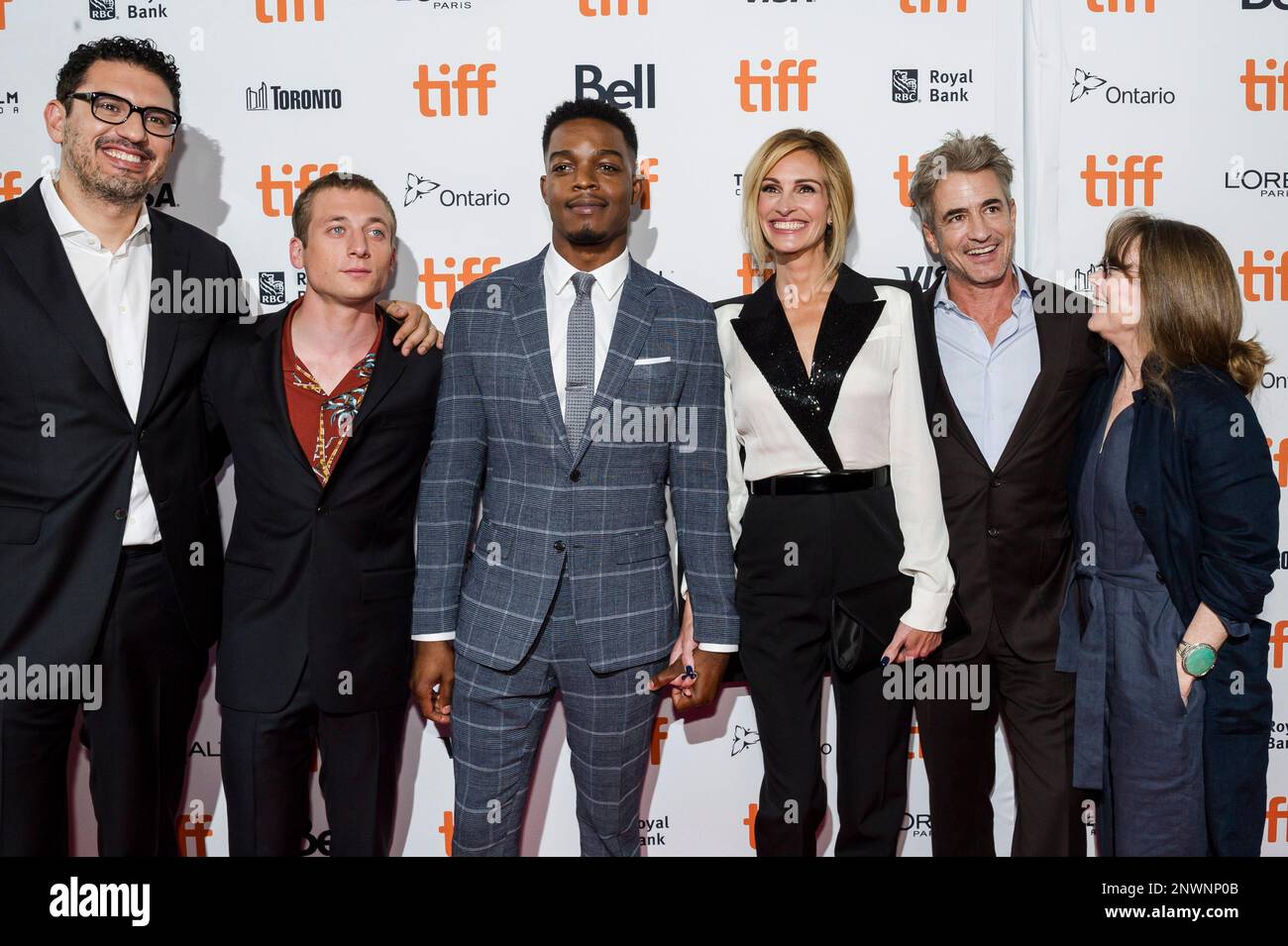 Director Sam Esmail, from left, arrives with actors Jeremy Allen White ...