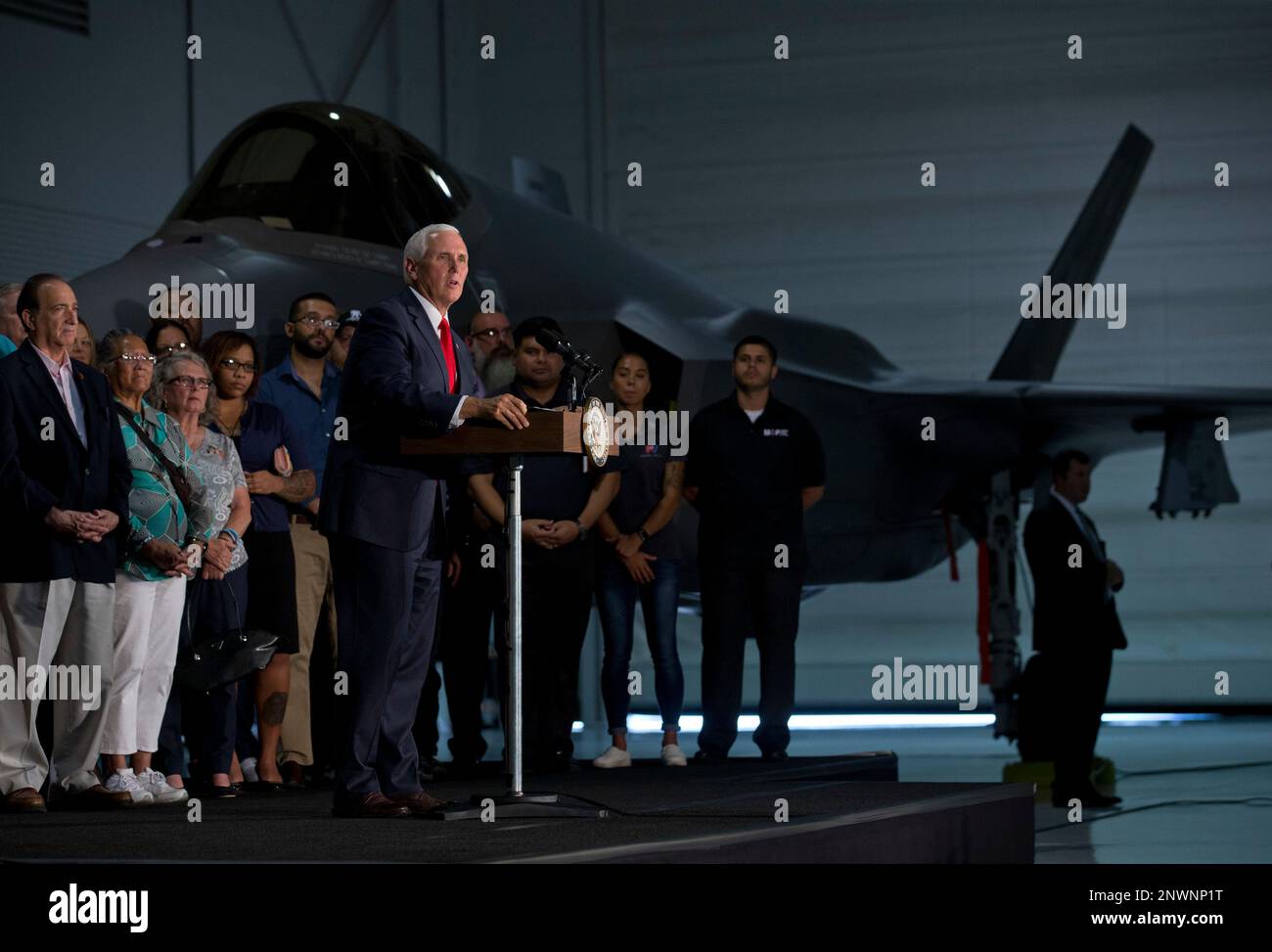Vice President Mike Pence speaks in front of a F-35 Lightning II ...