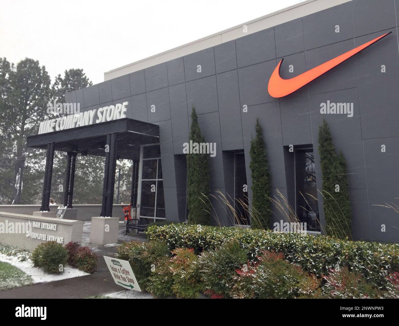 General overall view of snow and swoosh logo at the Nike Company Store ...