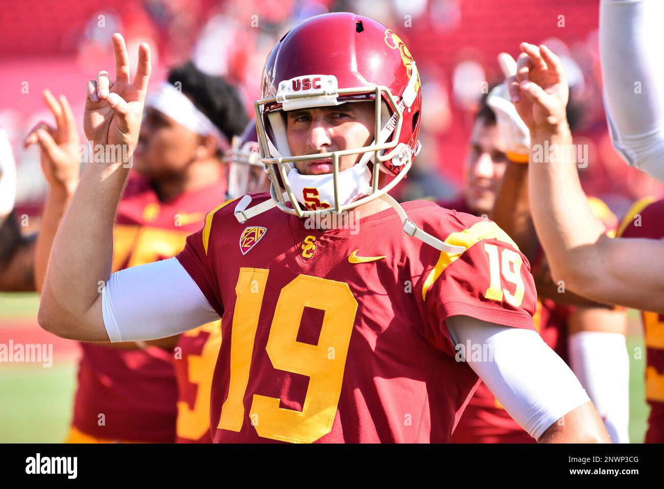 LOS ANGELES, CA - SEPTEMBER 01: USC (19) Matt Fink (QB) looks on after ...