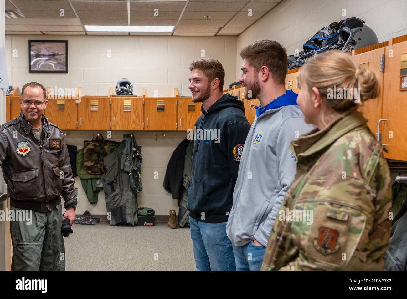 Col. Brandon Eskam, 114th Fighter Wing commander, chats with Jadon and ...
