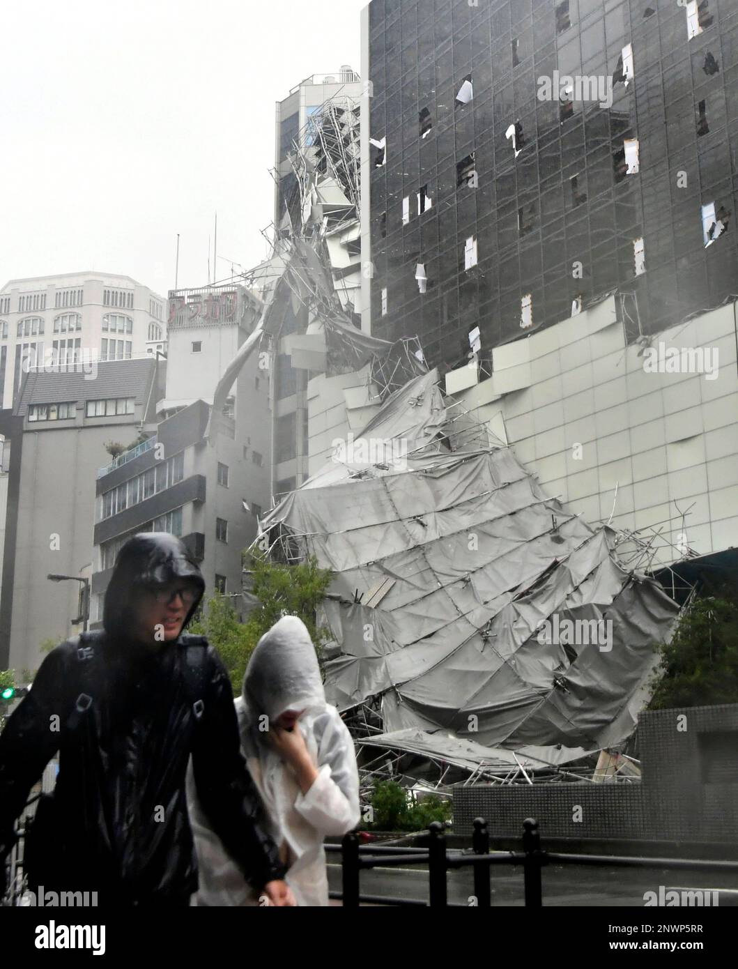 Scaffolding of a building being demolished, collapse, following a ...