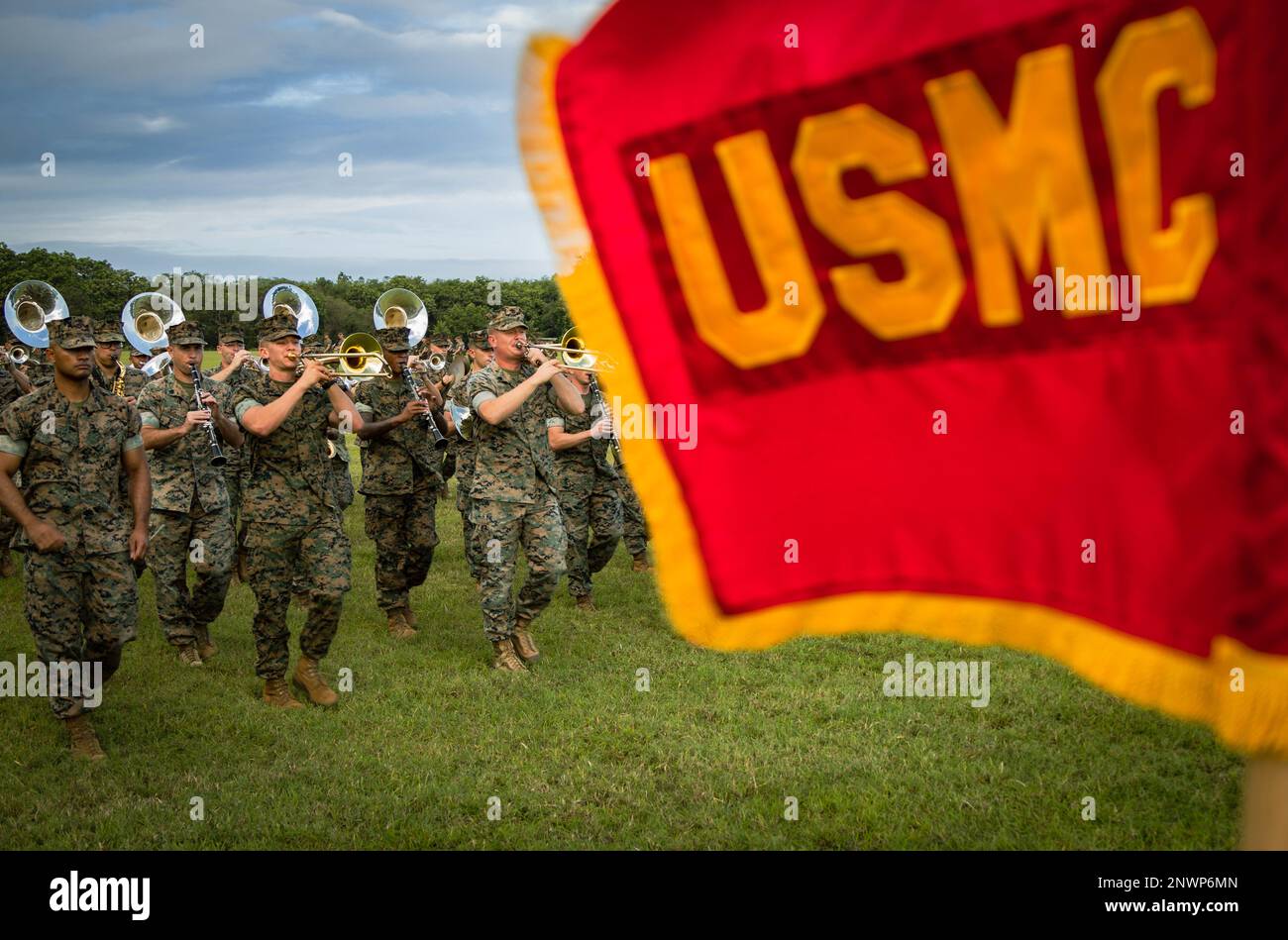 U.S. Marines with Marine Forces Pacific Band march during a rehearsal ...