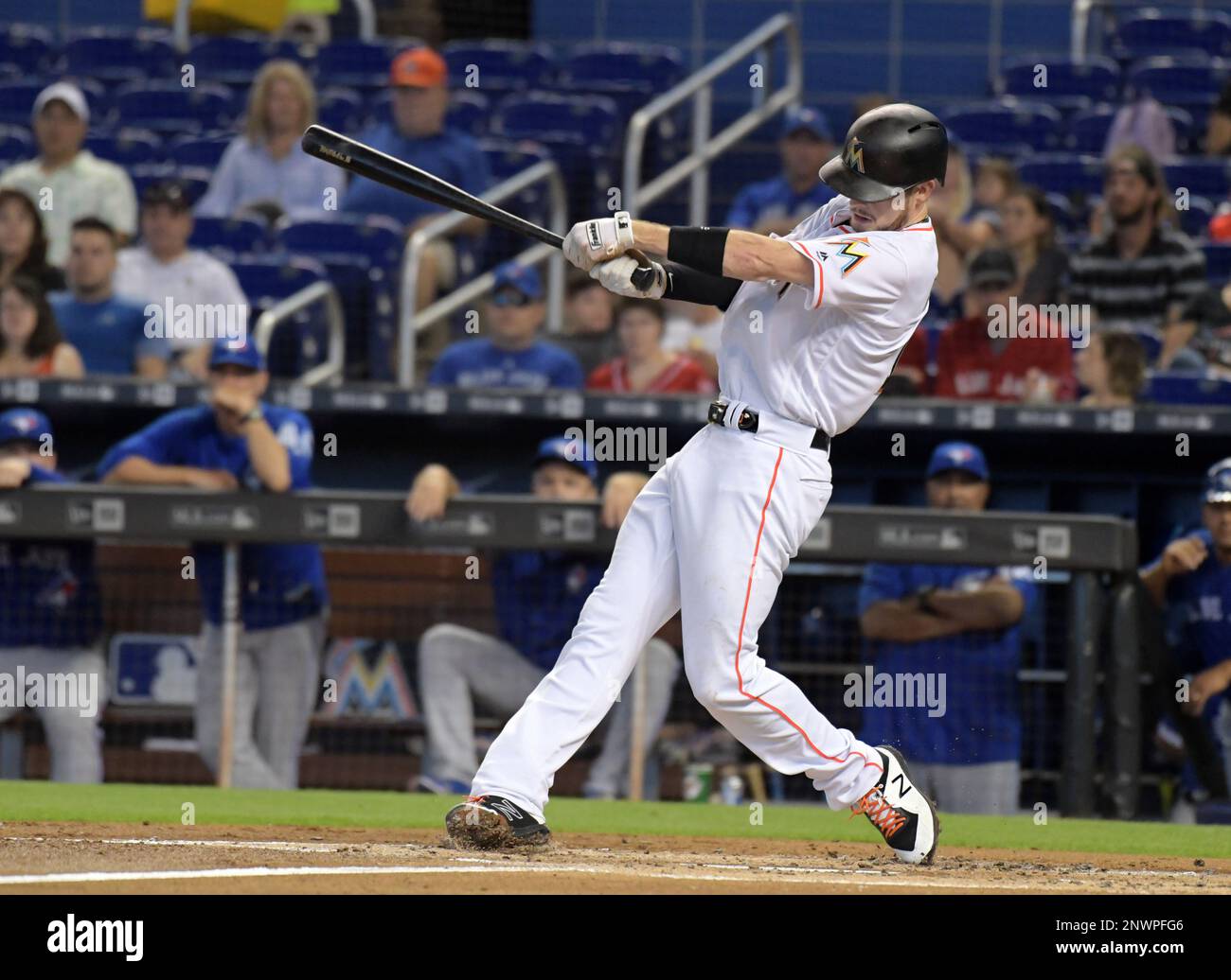 Miami Marlins shortstop J.T. Riddle aka JT Riddle (10) bats in the ...